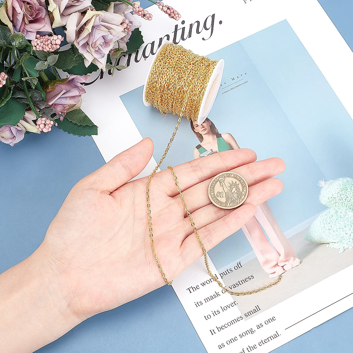 Pandahall 32 ft Necklace Chains Golden Iron Cross Chains Link Cable O-Shaped Chain for Necklace Jewelry Accessories DIY Making-3x2.2x0.6mm