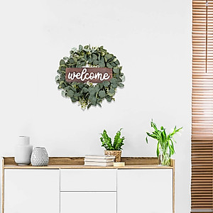 GTIDEA 18 Inch Eucalyptus Wreath for Front Door Summer Wreath with Welcome Sign Greenery Wreaths Farmhouse for Home Porch Wall Bedroom Window Festival All Season Wedding Decor