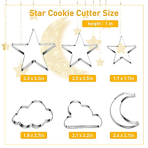 6 Piece Star Cookie Cutters Moon Cookie Cutters Cloud Cookie Cutters Stainless Steel Biscuit Cutter and 6 Pieces Sugar Stirring Pins for Kitchen Baking