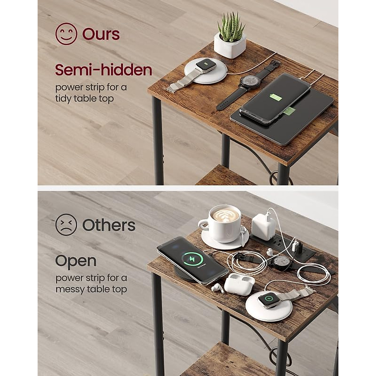 VASAGLE Side Table with Charging Station, End Table with USB Ports and Outlets, Nightstand for Living Room, Bedroom, Plug-in Series, Rustic Brown and Black ULET371B01