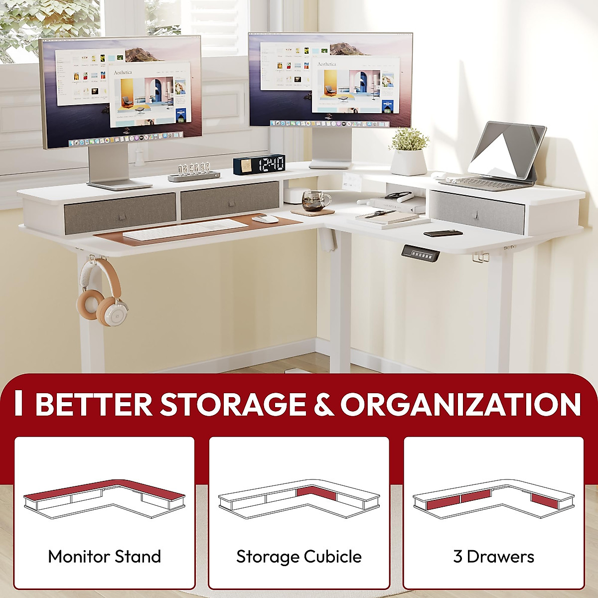 SANODESK 55" L Shaped Standing Desk with 3 Drawers, Height Adjustable Stand up Desk, Corner Gaming Desk with Monitor Stand, White Frame/White Top