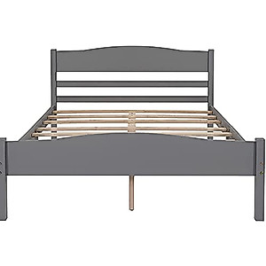 STP-Y Full Size Platform Bed, Rockjame Wood Bed Frame with Horizontal Strip Hollow Shape Headboard, Footboard and Center Support Feet, Perfect for Kids, Teens and Adults (Gray)