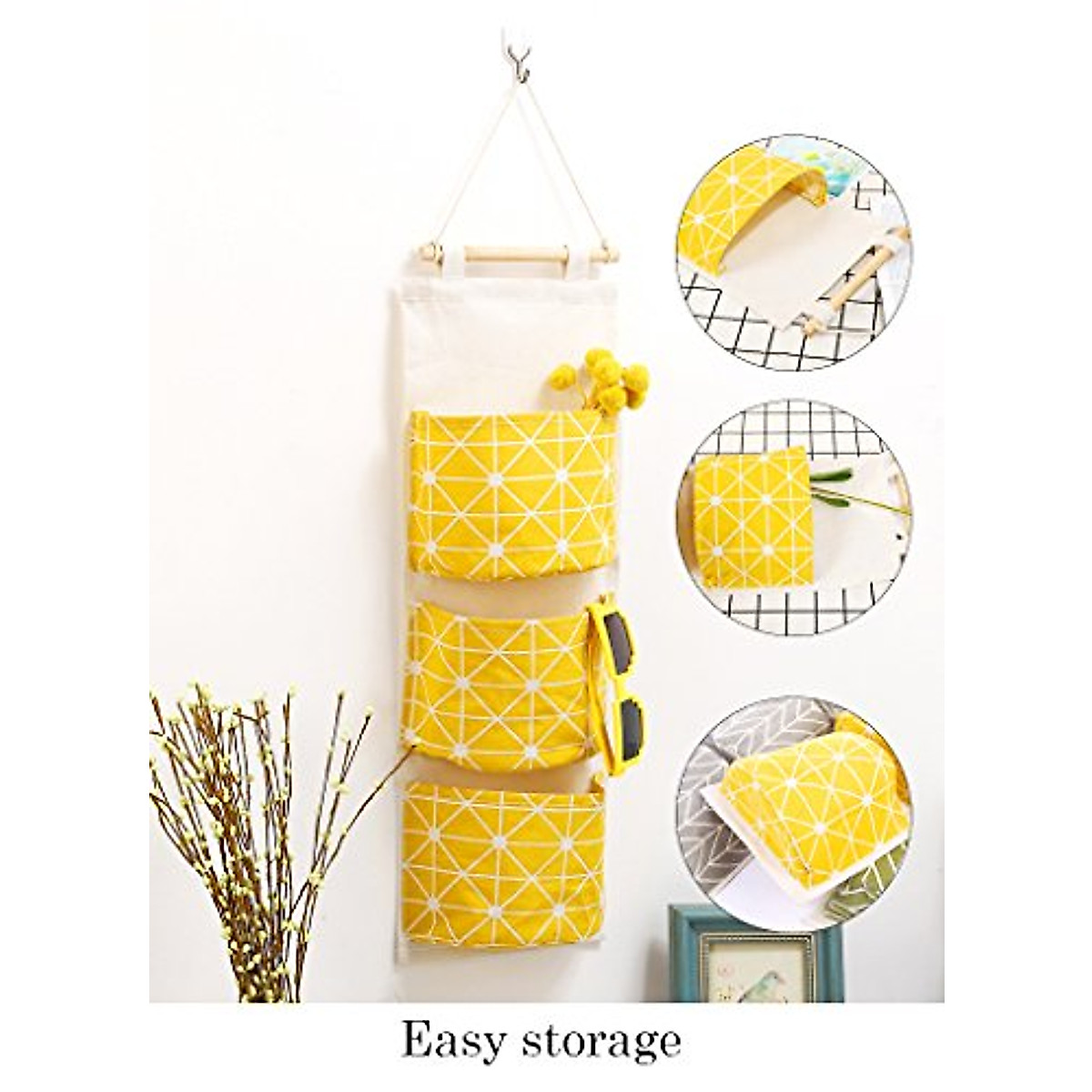3Pcs Wall Hanging Storage Bag, Creatiee Waterproof Over The Door Closet Organizer Linen Farbric Hanging Pocket Organizer with 3 Remote-Sized Width Pockets for Bedroom