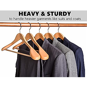 Amber Home 6 Pack Wide Shoulder Wooden Suit Coat Hangers with Non Slip Pants Bar, Solid Wood Jacket Clothes Hangers Smooth Finish for Sweater, Pants, Heavy Clothes (Natural, 6 Pack)