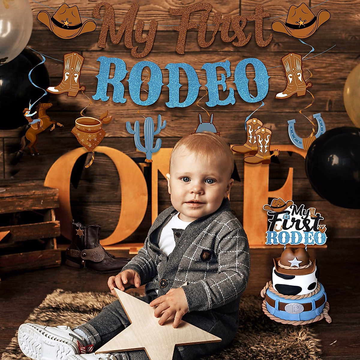 NO-DIY Cowboy Birthday Decorations, Cowboy First Rodeo Birthday Party Decorations Boy, My First Rodeo Birthday Party Supplies Boy Includes 2 Banner 1 Cake Topper 8 Hanging Swirls for Baby Shower