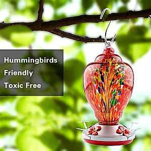 WOSIBO Hummingbird Feeder for Outdoors Patio Large 32 Ounces Colorful Hand Blown Glass Hummingbird Feeder with Ant Moat Hanging Hook, Rope, Brush and Service Card (RED-Firework)