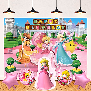 5Pcs Princess Peach Foil Balloons,Mario Theme Birthday Party Decorations Supplies for Girl (A)