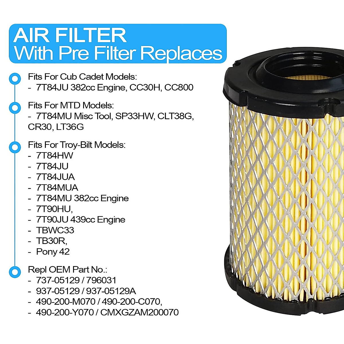 (New Part) 737-05129 937-05129 REPL MTD 7T84MU 7T84JU Compatible with CUB Cadet Troy-BILT 382cc 439cc OHV Engine AIR Filter 937-05129 737-05129