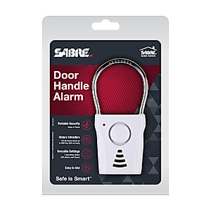 SABRE 110dB Door Handle Alarm, Extremely Loud Wireless Alarm Audible Up To 680 Ft Away, Hangs Off Door Knob or Handle, Vibration-Triggered Home Security Alarm, 3 Adjustable Settings, Great for Travel
