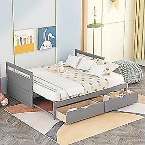 ODC Solid Wood Extendable Daybed,Twin to King Daybed with 2 Drawers,Wooden Daybed with Trundle,Convertible Sofa Bed for Bedroom Living Room