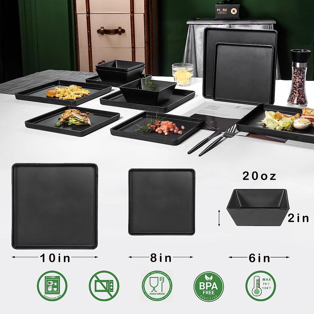 Yinshine Melamine Dinnerware Sets - 12pcs Square Plates and Bowls Set, Dishes Set, Black