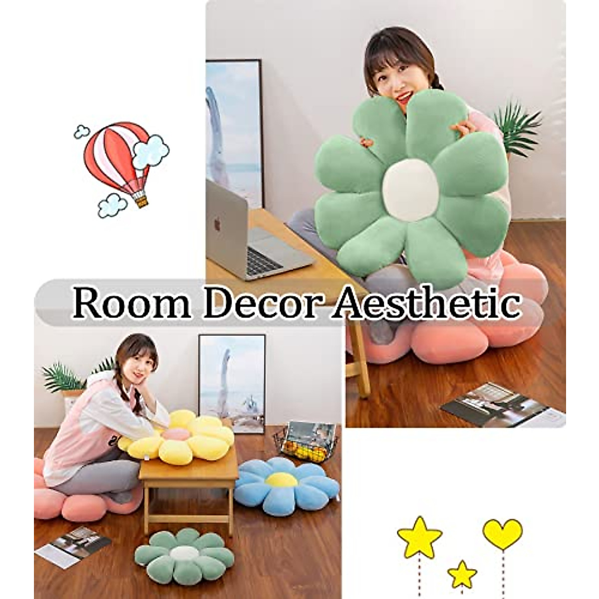 LRKOAYJGO Flower Pillow, Flower-Shaped Throw Pillow Butt Seating Cushion Flower Floor Pillow, Cute Decorative Plush Pillow for Chair Bed Sofa (Green, 14.9"