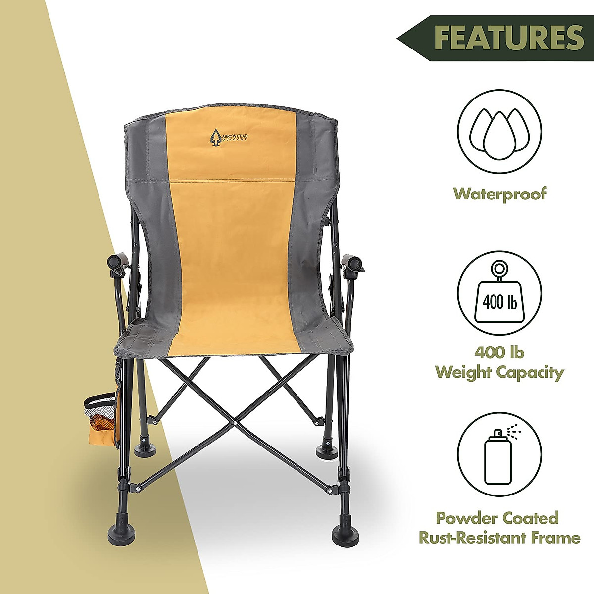 ARROWHEAD OUTDOOR Heavy-Duty Solid Hard-Arm High-Back Folding Camping Quad Chair, Heavy-Duty Carrying Bag, Cup Holder Included w/Side Pouch, Supports up to 400lbs, USA-Based Support (Tan & Gray)