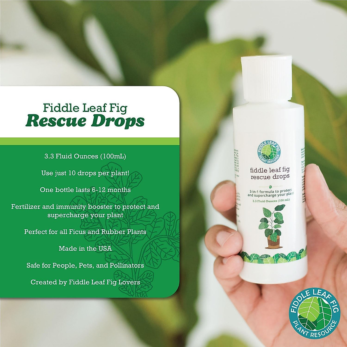Fiddle Leaf Fig Rescue Drops by Fiddle Leaf Fig Plant Resource | 3-in-1 Liquid Fertilizer, Root Supplement & Immunity Booster (3.3 Fluid Ounces - 100ml)