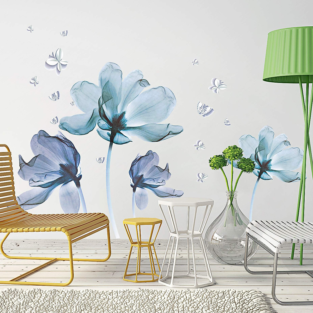 Gaint Creative Removable 3D Nusery Flower Wall Decals DIY Romantic Floral Wall Sticker Murals Flowers Art Decor for Kids Girls Teens Bedroom Office Living Room Home Wall Decoration (Light Blue)