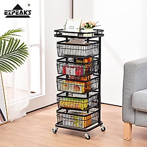 EZPEAKS 6-Tier Black Steel Kitchen Storage Tower Rounded Square Basket Shelves Organizer on Rolling Wheels with Detachable Drawers for Fruit Vegetable Grocery Spice (34.18” H, 13.39” W, 13.39” L)