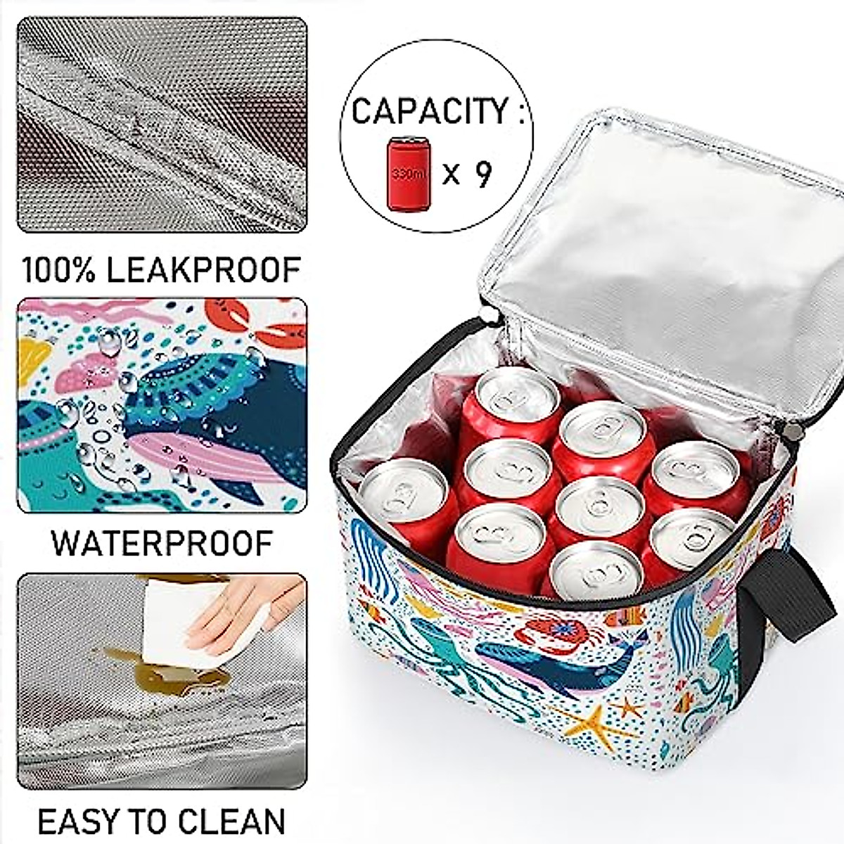 Jellyfish Whale Octopus Lunch Bags for Women Men 9 Cans, Hot & Cold Food Delivery Bag Insulated Grocery Bag Insulated Lunch Box Marine Inhabitants Cooler Bag for Office Work Picnic Beach