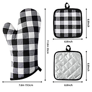 GROBRO7 6Pcs Buffalo Check Plaid Oven Mitts and Pot Holders Set Pure Cotton Heat Resistant Potholders Washable Durable BBQ Gloves with Hanging Loop for Safe Kitchen Baking Cooking Grilling White&Black