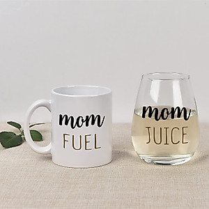 Gtmileo Mom Fuel Ceramic Coffe Mug 11Oz & Mom Juice Wine Glass 15Oz Set of 2 - Funny Mother's Day Gift Set for Mom Mommy Mama Wife, Ideal Birthday Christmas Gift from Daughter, Son, Husband, Friends