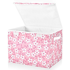 White Pink Cherry Blossom Storage Bins with Lids Collapsible Storage Cubes Containers Box Closet Organizer Fabric Storage Basket for Bedroom Shelves Clothes Nursery Office Gifts Home Decor