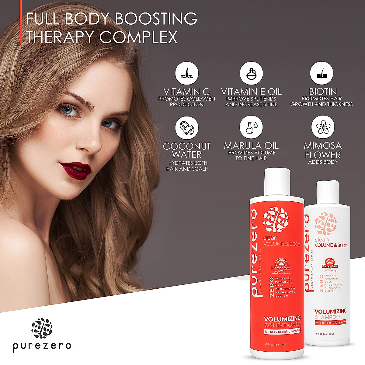 Purezero Volumizing Shampoo and Conditioner Set - Add Volume & Body - Zero Sulfates/Parabens/Dyes -100% Vegan & Cruelty-Free - Great for Color Treated Hair