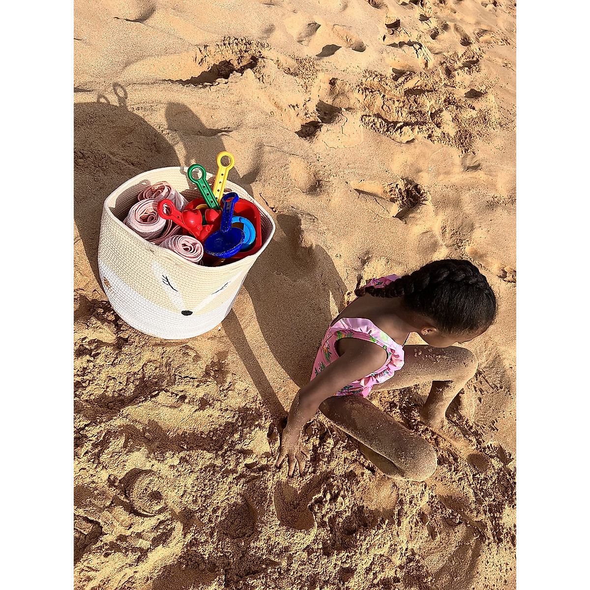 Large Cotton Rope Basket with Cute Animal Design - Unisex Bed & Bath Toy Bin Serves as Woven Laundry Basket & Nursery Hamper for Babies, Toddlers, Girls & Boys - Sturdy & Kid-Safe, 14" x 14 "