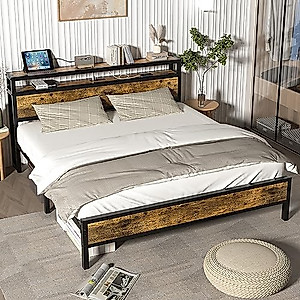 Pliwier King Bed Frame with Charging Station Headboard, Platform Bed with 2-Tier Storage Shelf, Strong Support Legs, Noise-Free, No Box Spring Needed, Easy Assembly