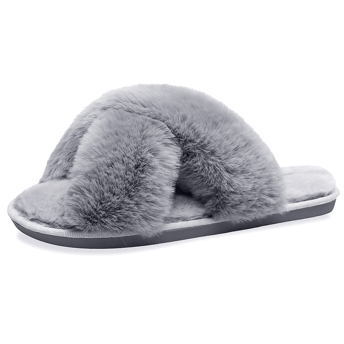 JIASUQI Cross Band Indoor House Slippers for Women Soft Plush Furry Cozy Fur House Shoes Outdoor Warm Slippers for Winter Spring Grey 10-11