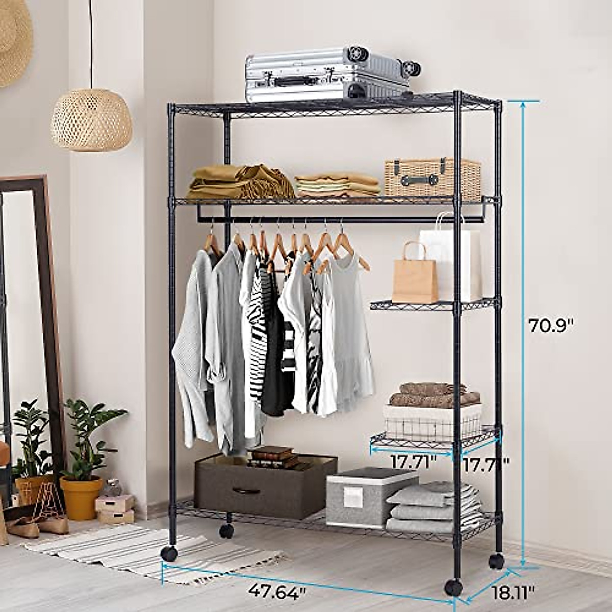 JS HOME Heavy Duty Garment Rack, Free-Standing Rolling Clothes Rack with Fitted Brown Oxford Cover, Extra Large Wardrobe Storage Rack/Organizer