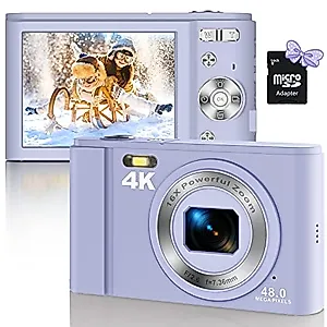 Digital Camera, 4K 48MP Kids Camera with 16X Zoom 32GB SD Card, Compact Mini Pocket Camera Adult Seniors Students Kids Beginner(Purple)