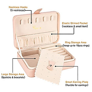 Voova Small Jewelry Organizer Box, Travel Jewelry Case for Women Teen Girls, Mini PU Leather Portable Jewellery Storage Boxes Holder with Smart Earrings Plate for Necklaces Rings Bracelets, Pink