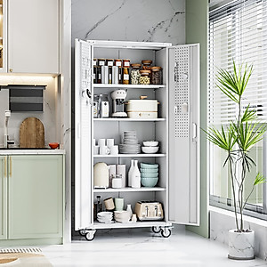 Aobabo Upgraded White Metal Storage Cabinet with Pegboard, 72In Rolling, Lockable Cabinet with 2 Doors & 4 Shelves for Office & Home， Assembly Required