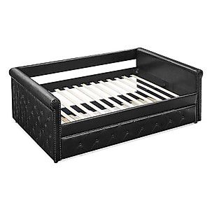 ATY Full Size Daybed with Twin Trundle, Upholstered Sofa Bed Design w/Button Tufted & Copper Nail, Perfect for Bedroom, Guestroom, Living Room, No Spring Box Needed, Black