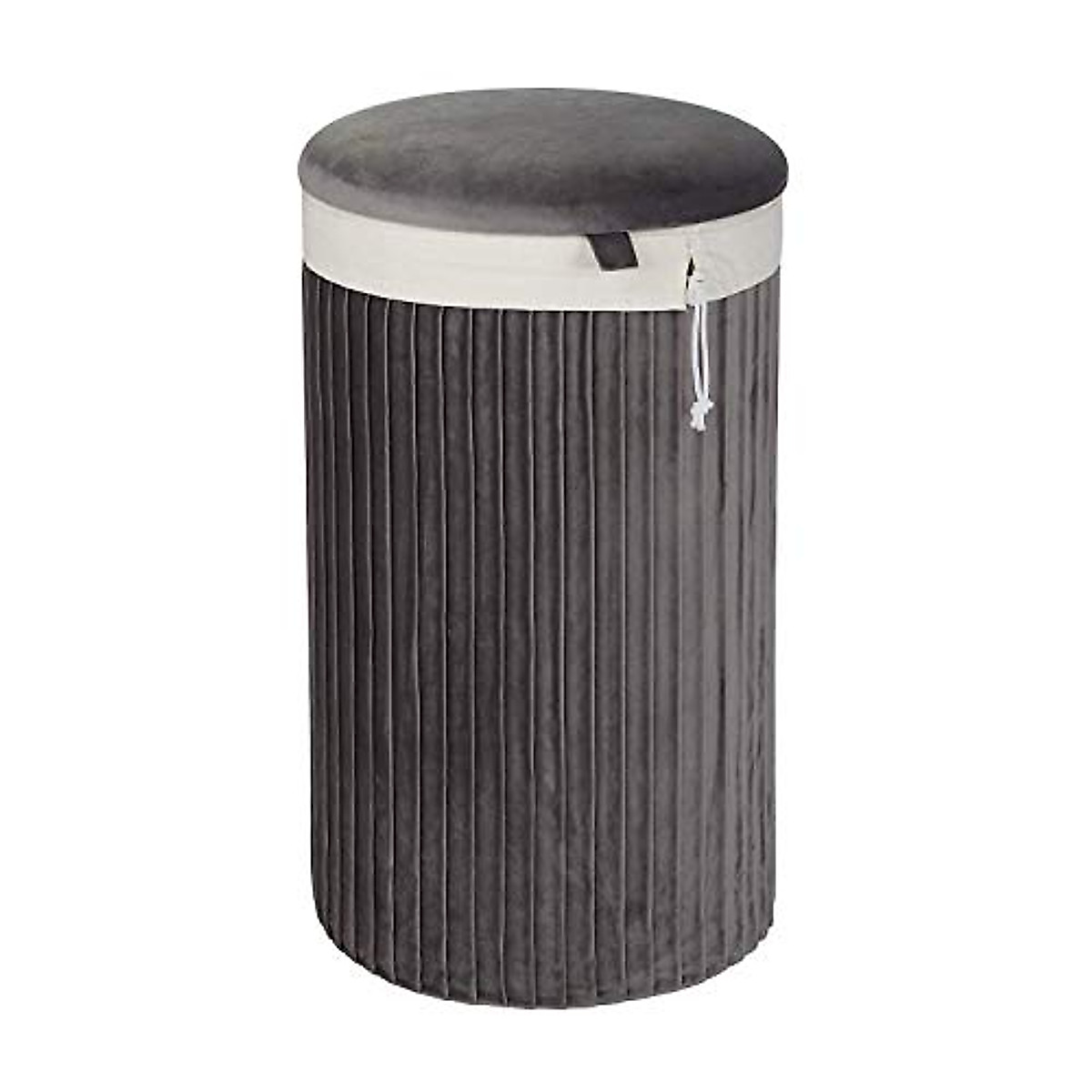 Inspire Me! Home Décor Lydia Round, Pleated Pewter Grey Soft Velvet Removable Washable Bag, 14 Dia x 24 in, Gorgeous and Classy Laundry or Storage Hamper