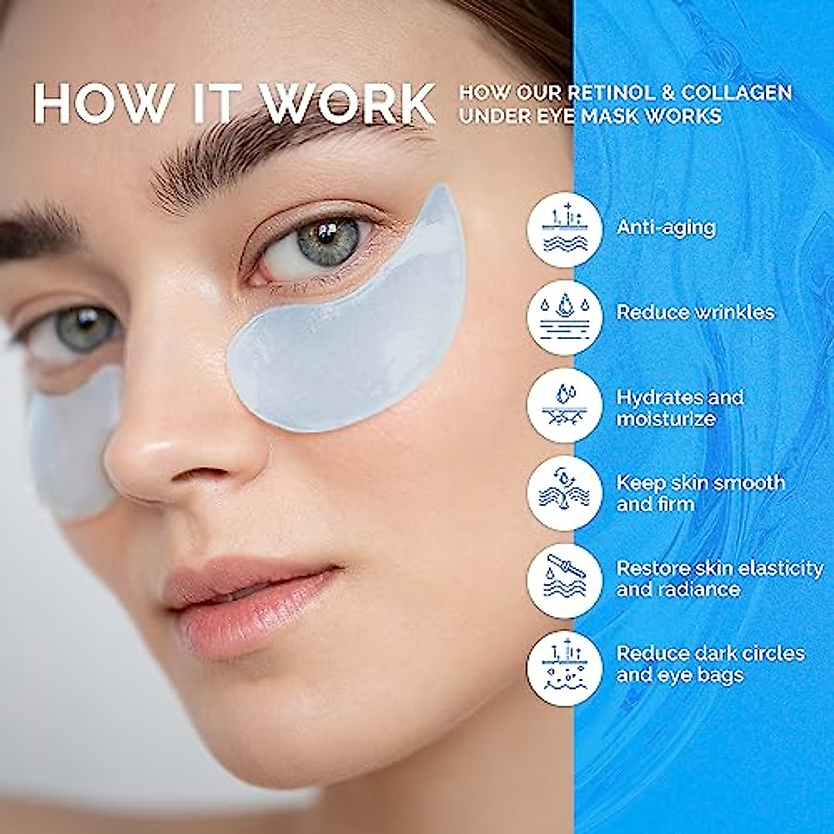 Enaskin Naturals Under Eye Patches for Dark Circles: 30 Pairs Retinol Collagen Eye Gels Mask - Reduce Wrinkles Puffy & Bags - Skin Treatment Pads - Anti Aging Moisturizer For Women (Blue)