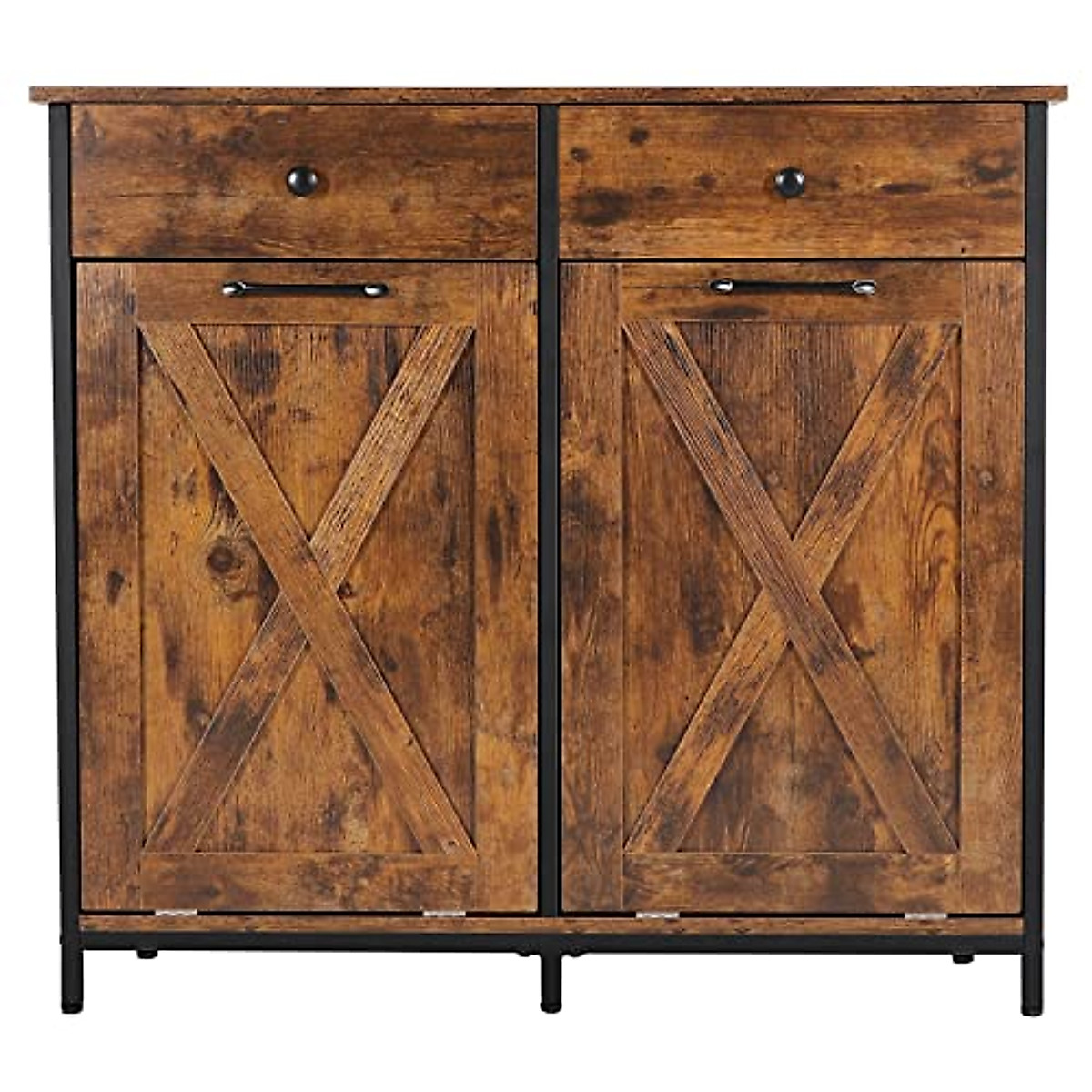 UEV Double Barn Door Style Trash Cabinet, Double Tilt Out Trash Cabinet with Solid Hideaway Drawer,Rustic Kitchen Trash Cabinet,Free Standing Wooden Kitchen Recycling Cabinet Trash Can Holder