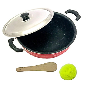 YADNESH Kadai Nonstick Kadhai All Purpose Pan Non-Stick Aluminium Kadai Deep Karahi with Stainless Steel Lid 2 litres Free Scrubber and Paddle