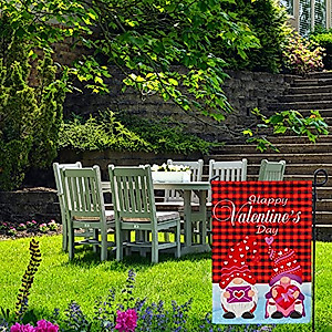 Happy Valentines Day Garden Flag , Gnome Burlap Flag 12x18 Inches for Yard Outdoor Outside Hanging Decorations Vertical Flag