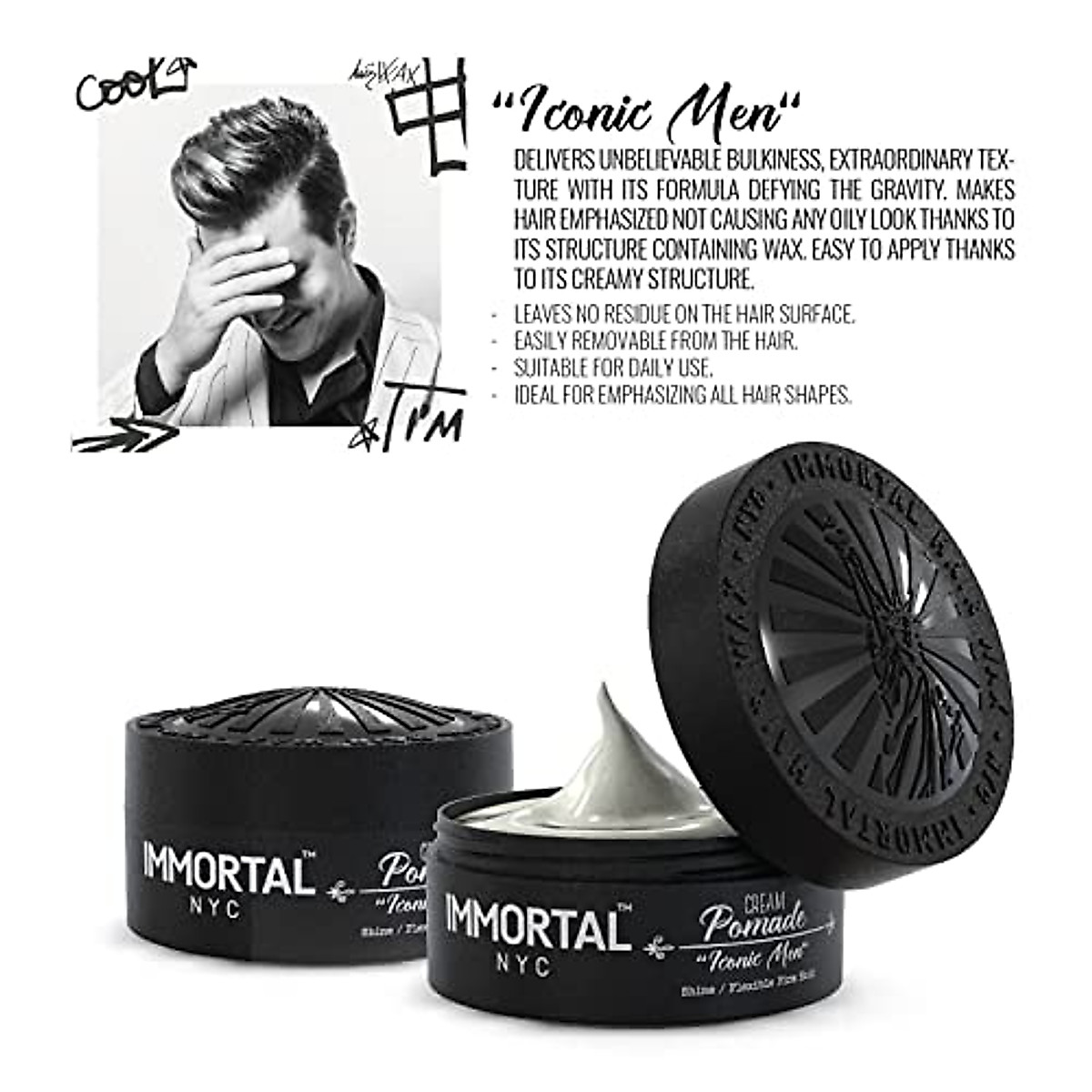 IMMORTAL NYC Hair Styling Pomade - Iconic Man, Flexible Medium Hold, Low Shine Pomade - Mens Water Based, No Residue Hair Balm - All Natural Pomade Cream for All Hair Types