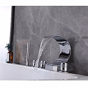 AZOS Waterfall Bathtub Faucet Set with Handheld 5 Holes Bath Tub Faucet Combo Set 3 Handle Waterfall Tub Filler Faucet with Spray 5- Pieces Deck Mount Roman Tub Faucet Trim Kit, Chrome