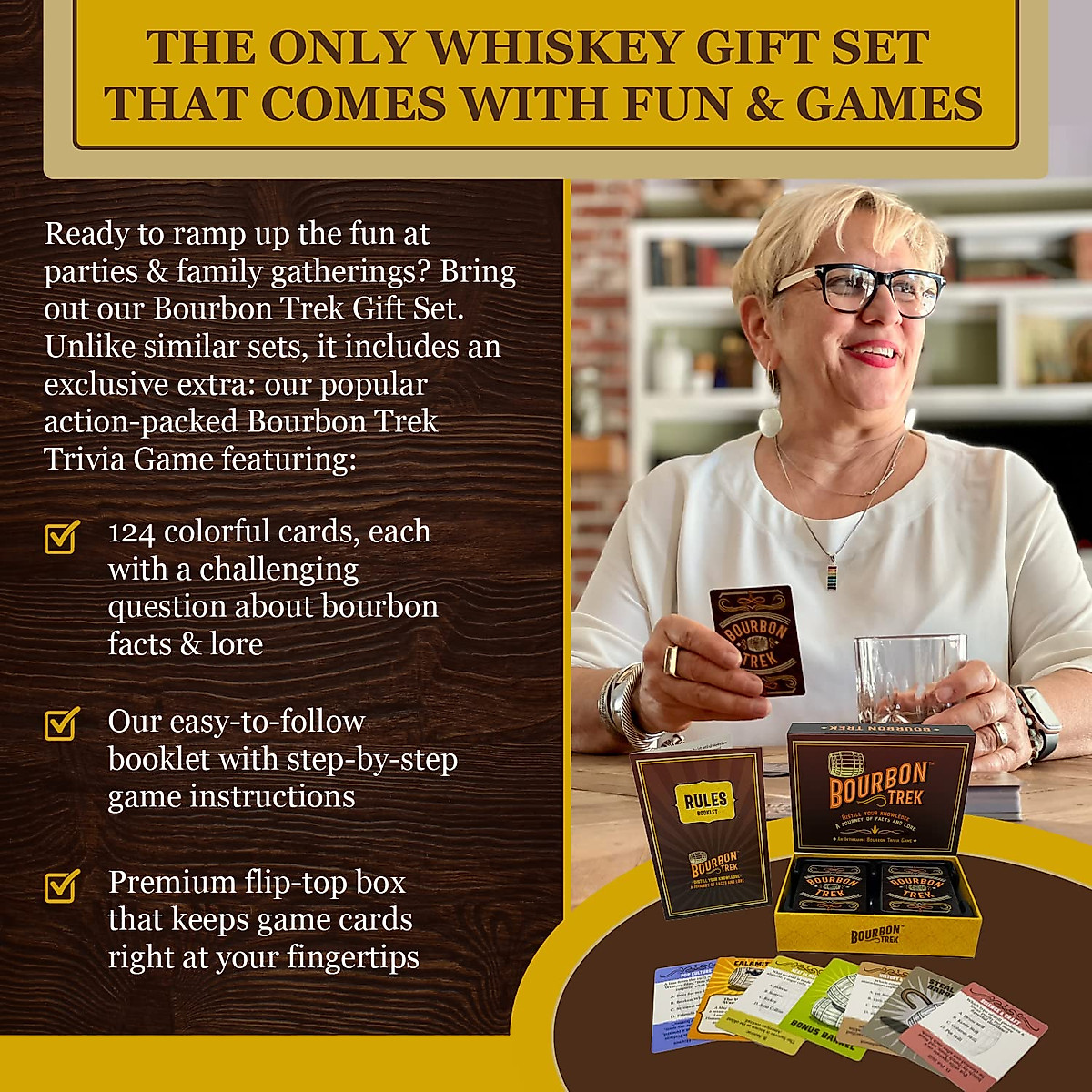 Boxed Set of Whiskey Gifts for Men - Includes Popular Whiskey Trivia, 2 Bourbon Glasses, 6 Stones, 2 Slate Coasters, 1 Wooden Freezer Tray & Stainless Steel Tongs - All in 1 Premium Giftable Box