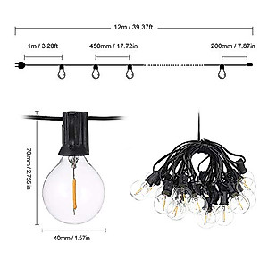 LED Globe G40 Outdoor String Lights, 40Ft Patio Lights with 25+3 Glass Bulbs(1w, 2700k), Commercial Hanging Lights for Backyard Bistro Pergola Party Decor