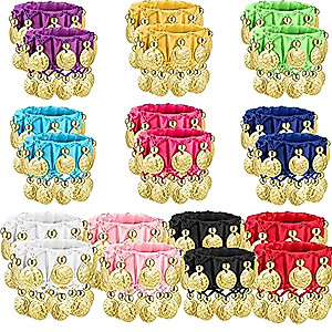 NUANNUAN 10 Pairs Belly Dance Wrist Cuff Ankle Chiffon Bracelet Band with Coin, Stretchy Belly Dance Bracelets Bangle Gypsy Jewelry Costume Accessory for Women Girl Halloween Drama Actors
