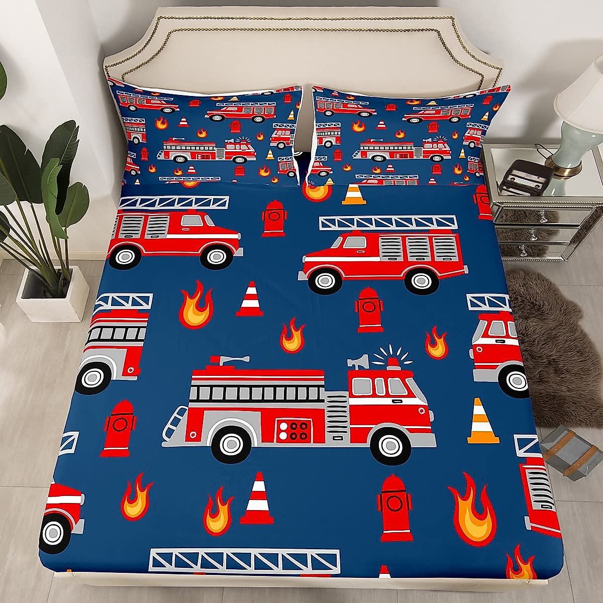 Cartoon Car Bed Sheets Set Fire Truck Sheet Set for Kids Boys Girls Room Decor Firefighter Sheets with Deep Pocket Fitted Sheet Firemen Car Vehicle Fire Engine Blue Red Bedding Set 4Pcs Full
