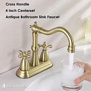 Antique Bathroom Faucet Brushed Gold, Senhozi Cross Handles Centerset Bathroom Faucet for Sink 3 Hole with Overflow Pop Up Drain Assembly and Supply Hose, SUS304 RV Bathroom Faucet 3 Hole, SE-0038-BG