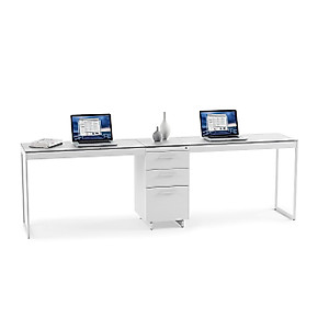 BDI Furniture Centro 6414 Locking 3-Drawer File Cabinet for Home or Office with Letter or Legal-Sized File Drawer and 2 Supply Drawers, Satin-Etched Tempered Glass Top, Satin White