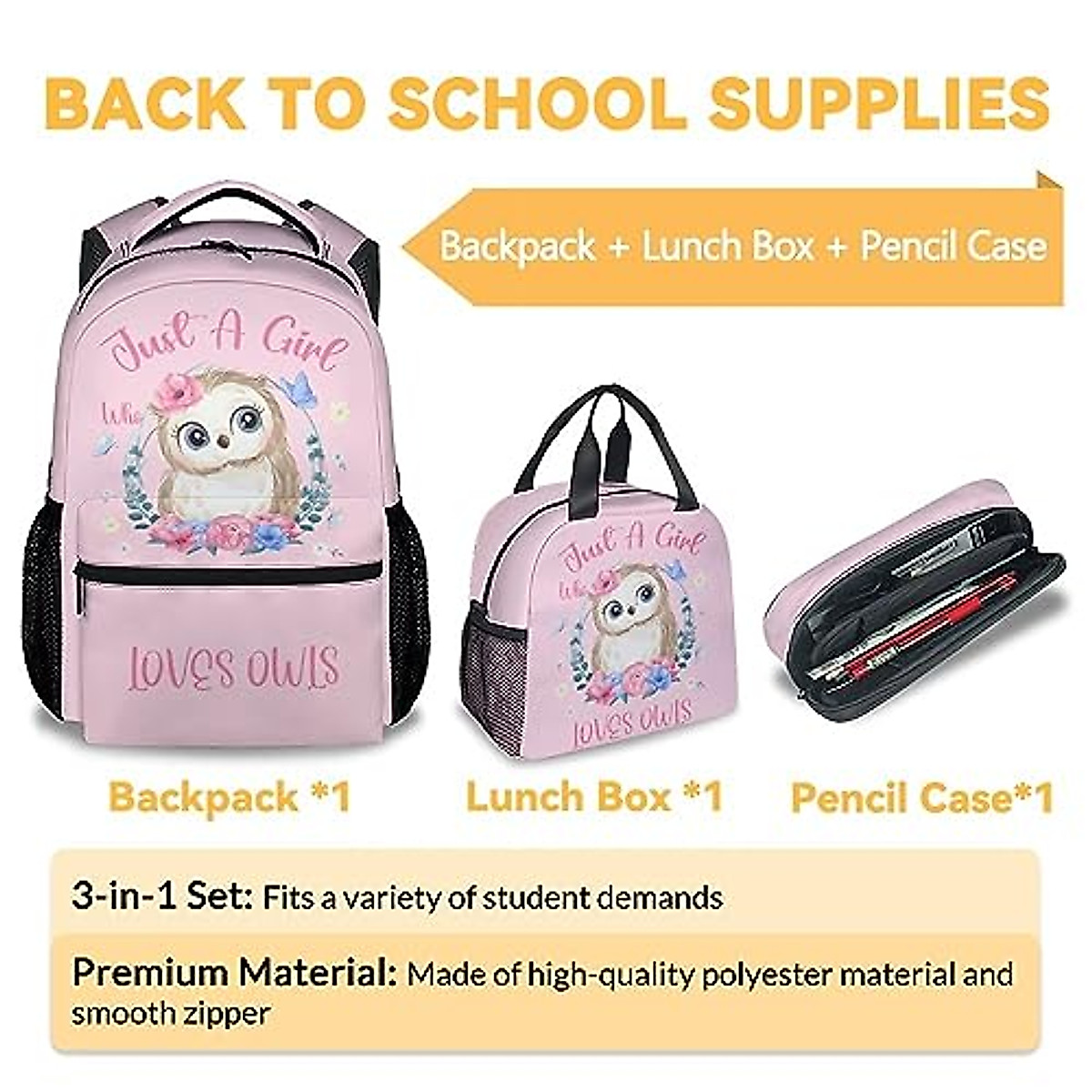 UNIKITTY Owl Backpack with LunchBox, Set of 3 School Backpacks Matching Combo, Cute Pink Bookbag and Pencil Case Bundle