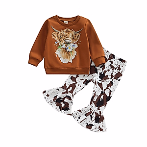 Baby Girl Western Farm Clothes Long Sleeve Floral Cow Sweatshirt Flare Pants Set Toddler Girls Outfit Fall Winter (Caramel Color, 9-12 Months)