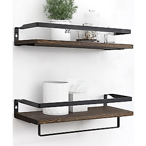 Afuly Bathroom Shelves for Wall, Floating Shelf Bathroom Over Toilet, Wall Mounted Shelves with Towel Bar Rack, Industrial Modern Home Decor Dark Brown