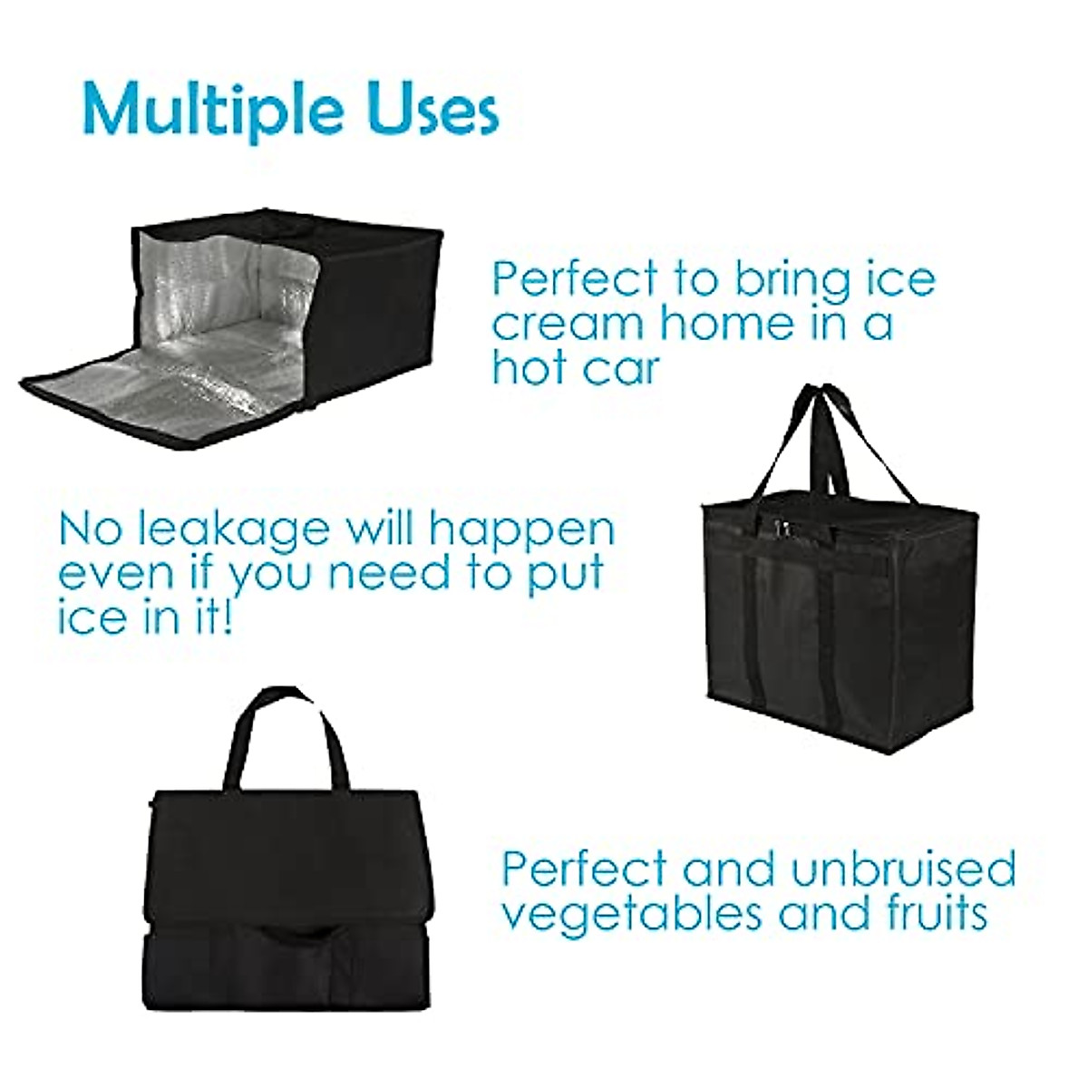 Houseables Insulated Bags, Reusable Groceries Tote, Thermal Shopping Bag, 3 Pack, Black, 16" x 13" x 9", Extra Large (XL), Refrigerated Grocery Delivery, Hot, Cold, Frozen Foods Cooler, With Zipper